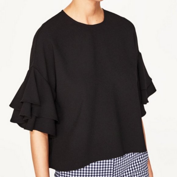 Zara | Tops | Zara Black Ruffled Sleeves Blouse | Poshmark